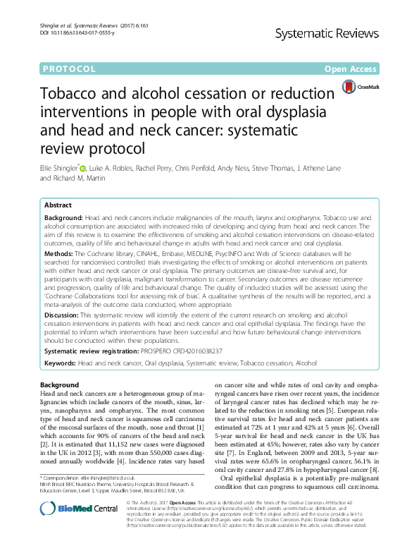 (PDF) Tobacco and alcohol cessation or reduction interventions in people with oral dysplasia and ...