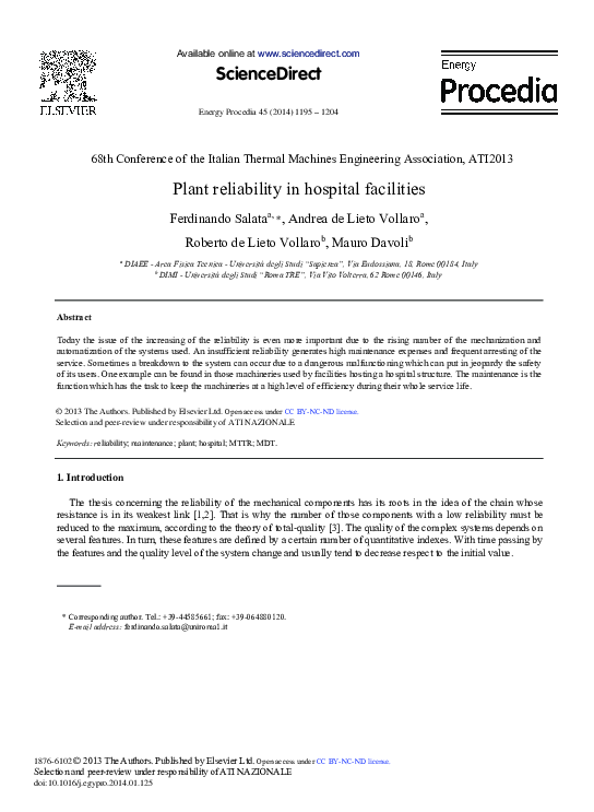 (PDF) Plant reliability in hospital facilities
