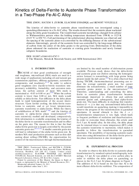 (PDF) Kinetics of Delta-Ferrite to Austenite Phase Transformation in a Two-Phase Fe-Al-C Alloy ...