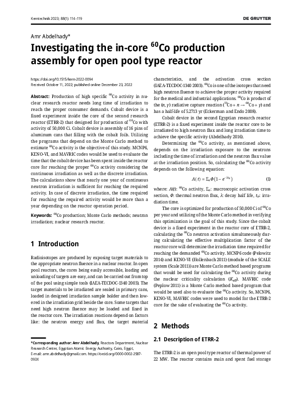 (PDF) Investigating the in-core 60 Co production assembly for open pool ...