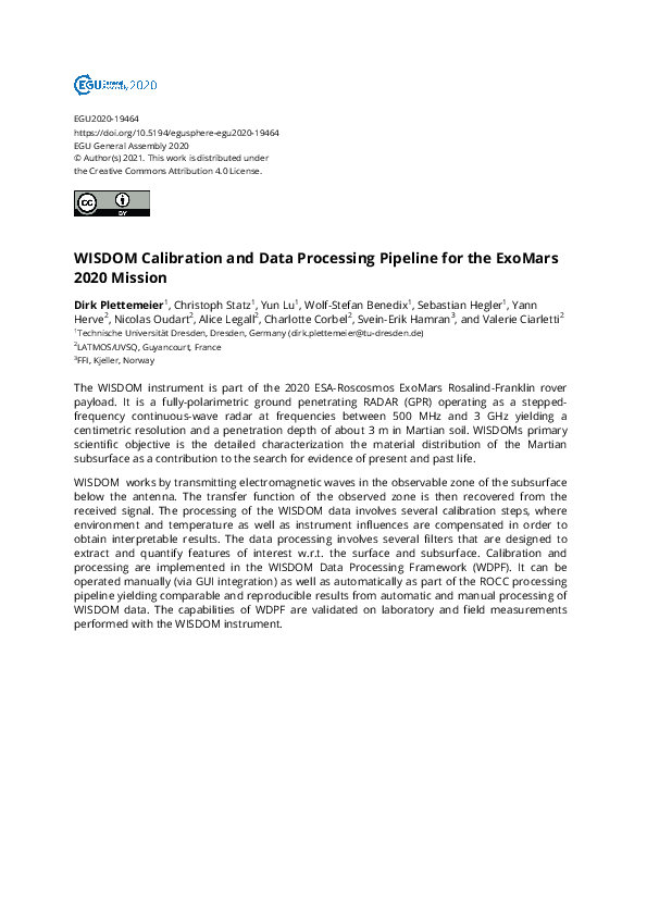 (PDF) WISDOM Calibration and Data Processing Pipeline for the ExoMars 2020 Mission