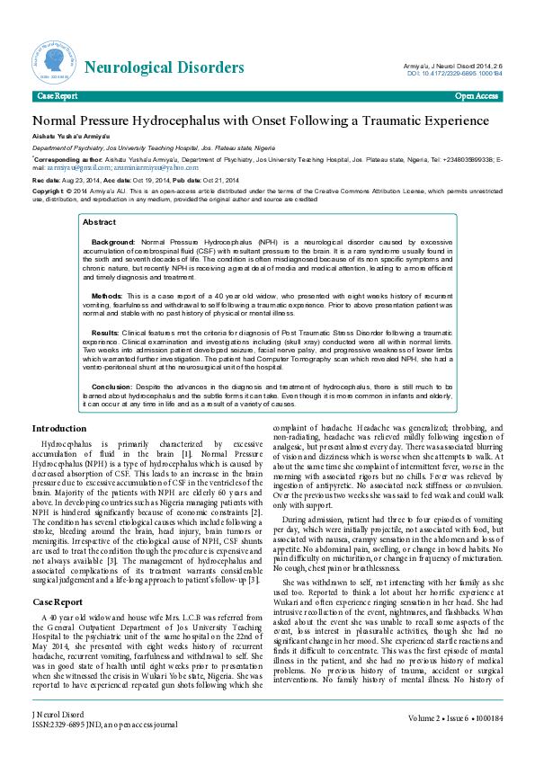 (PDF) Normal Pressure Hydrocephalus with Onset Following a Traumatic Experience