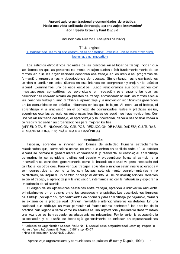 (PDF) Aprendizaje organizacional y comunidades de práctica: Hacia una ...