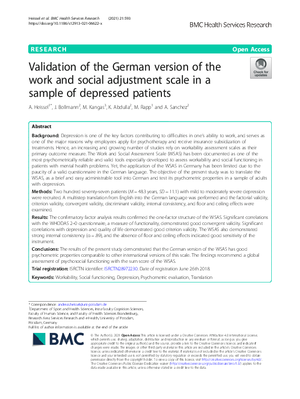 (PDF) Validation of the German version of the work and social ...