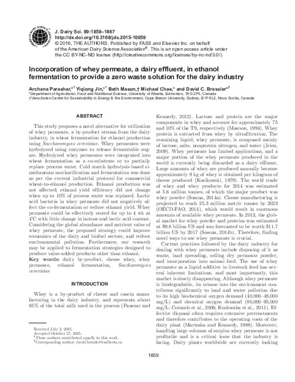(PDF) Incorporation of whey permeate, a dairy effluent, in ethanol ...