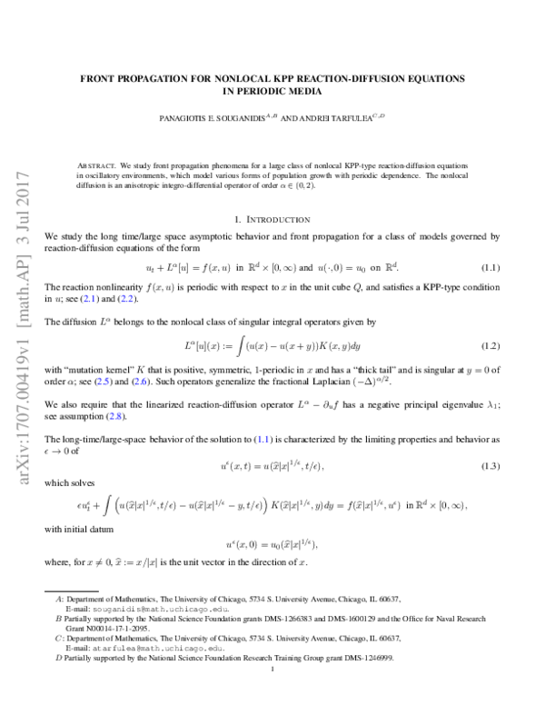 (PDF) Front Propagation for Nonlocal KPP Reaction-Diffusion Equations ...