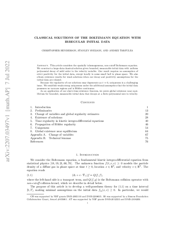 (PDF) Classical solutions of the Boltzmann equation with irregular ...
