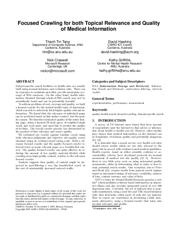 (PDF) Focused crawling for both topical relevance and quality of medical information