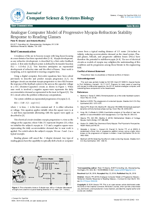(PDF) Analogue Computer Model of Progressive Myopia-Refraction Stability Response to Reading Glasses
