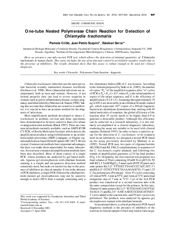 (PDF) One-tube nested Polymerase Chain Reaction for detection of Chlamydia trachomatis | Esteban ...