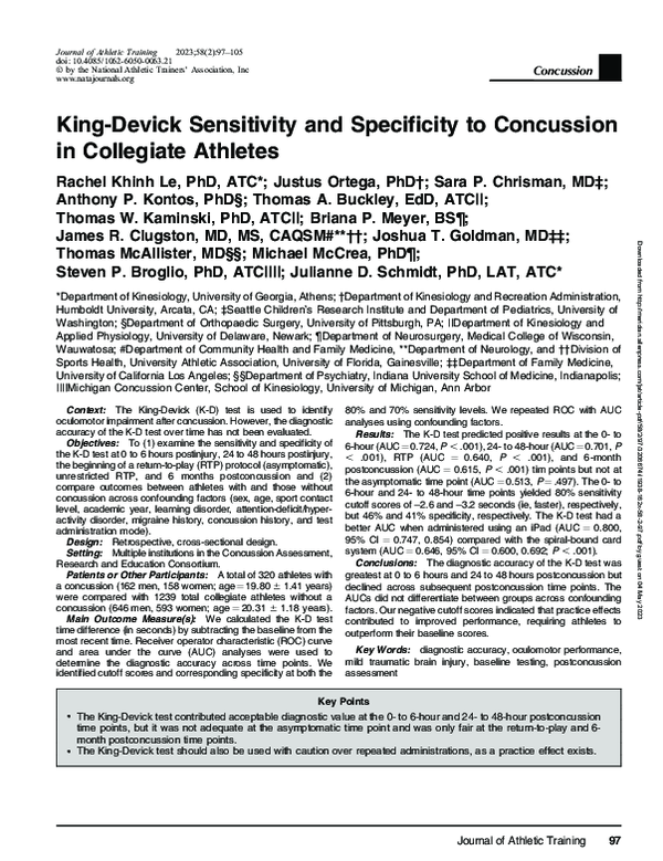(PDF) King-Devick Sensitivity and Specificity to Concussion in ...