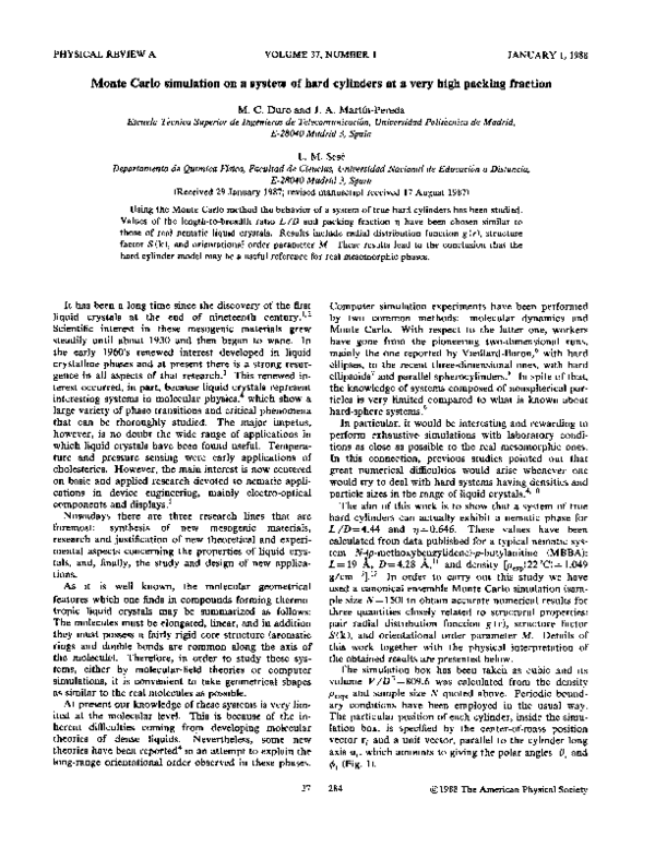 (PDF) Monte Carlo simulation on a system of hard cylinders at a very ...