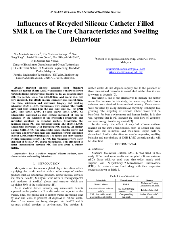 (PDF) Influences of Recycled Silicone Catheter Filled SMR L on The Cure ...