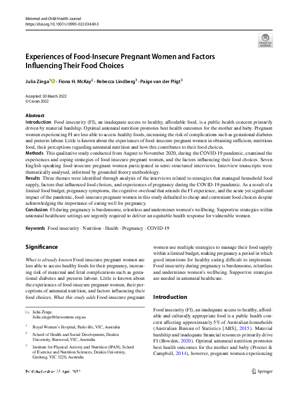 (PDF) Experiences of Food-Insecure Pregnant Women and Factors ...