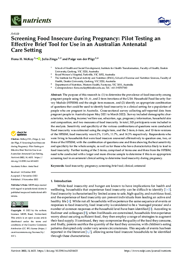 (PDF) Screening Food Insecure during Pregnancy: Pilot Testing an ...