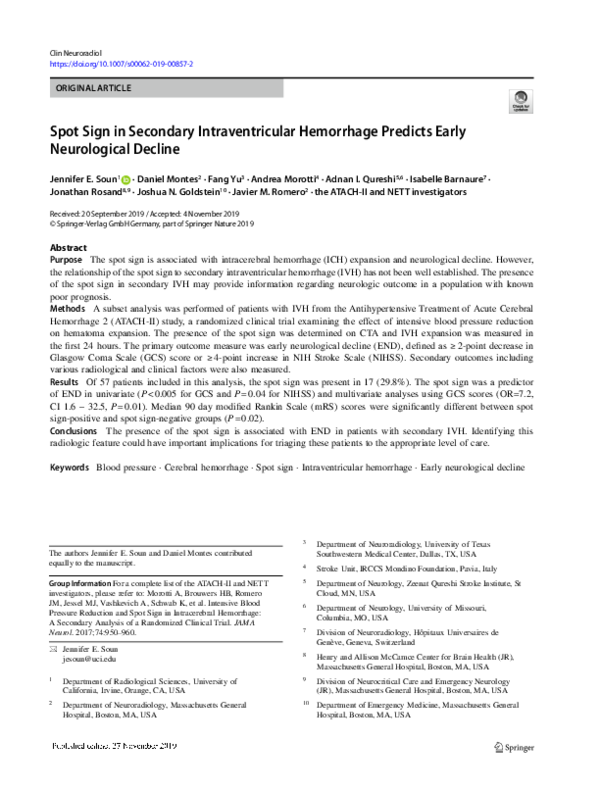 (PDF) Spot Sign in Secondary Intraventricular Hemorrhage Predicts Early ...