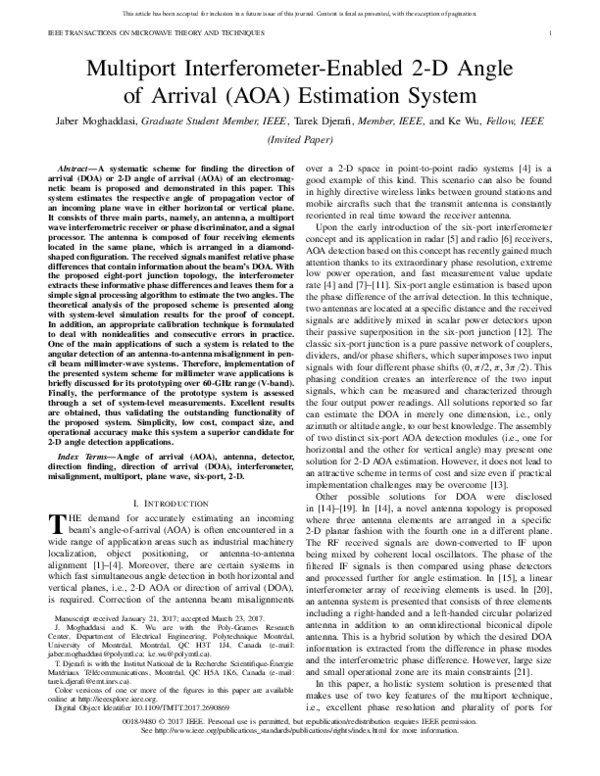 (PDF) Multiport Interferometer-Enabled 2-D Angle of Arrival (AOA) Estimation System