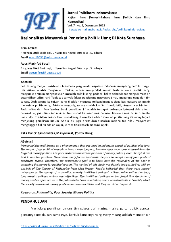 (PDF) Rasionalitas Masyarakat Penerima Politik Uang di Kota Surabaya