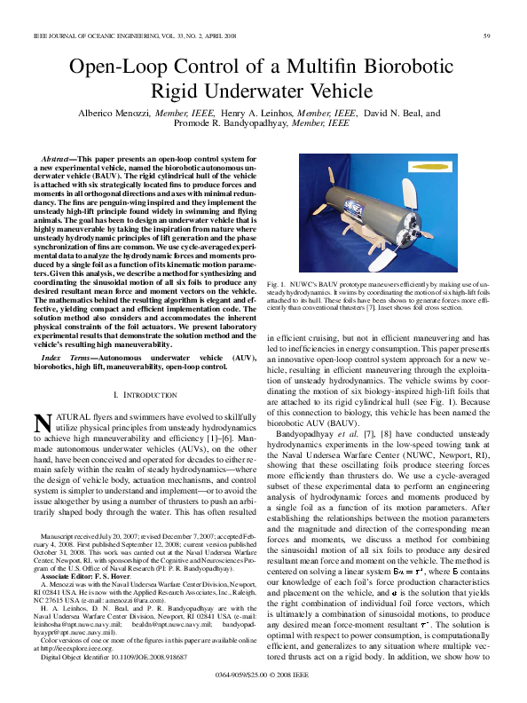(PDF) Open-Loop Control of a Multifin Biorobotic Rigid Underwater Vehicle