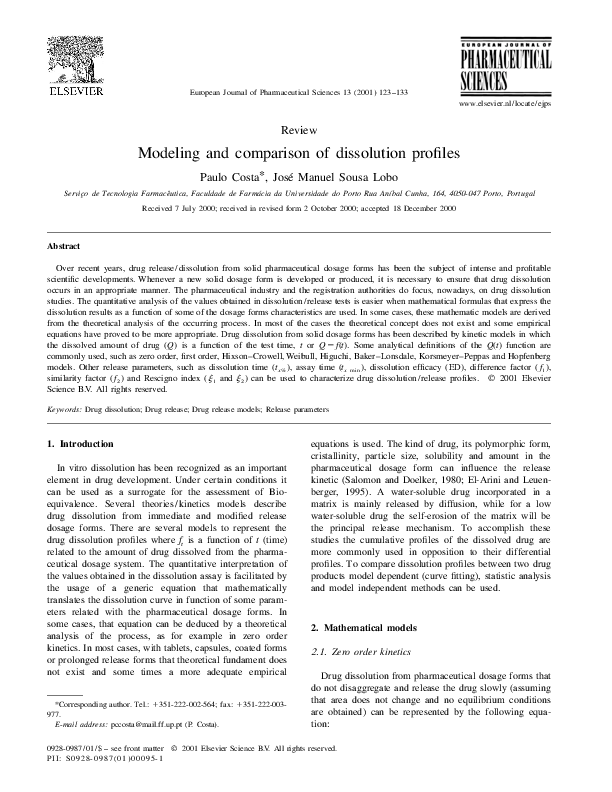 (PDF) Modeling and comparison of dissolution profiles