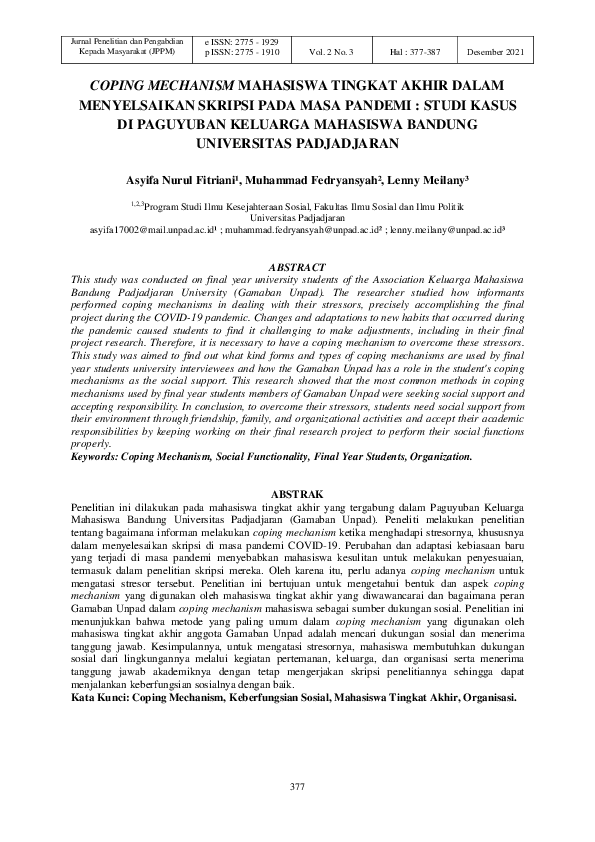 (PDF) Coping Mechanism Mahasiswa Tingkat Akhir Dalam Menyelsaikan Skripsi Pada Masa Pandemi ...