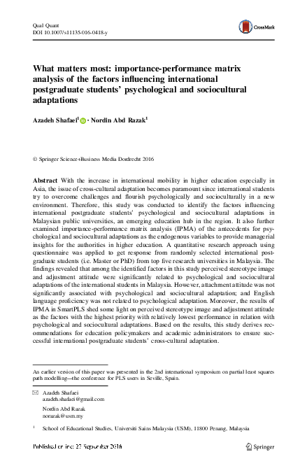 (PDF) What matters most: importance-performance matrix analysis of the ...