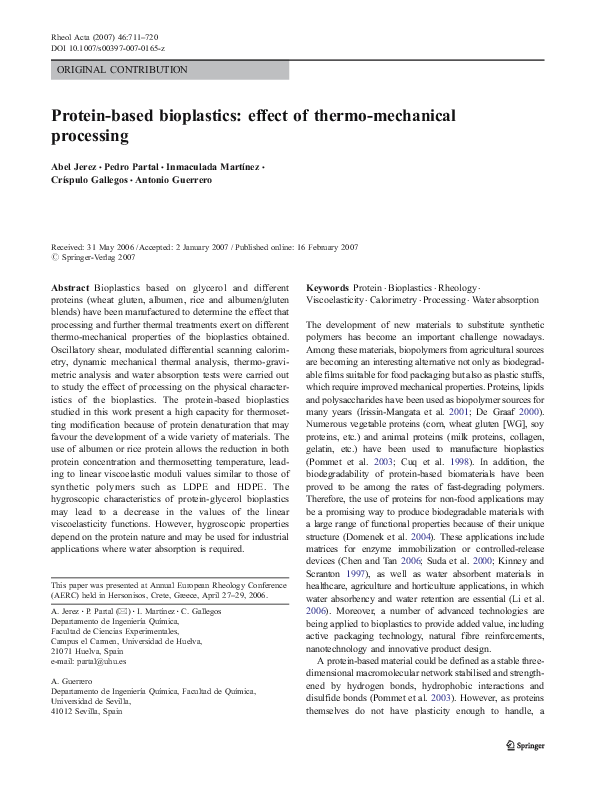 (PDF) Protein-based bioplastics: effect of thermo-mechanical processing