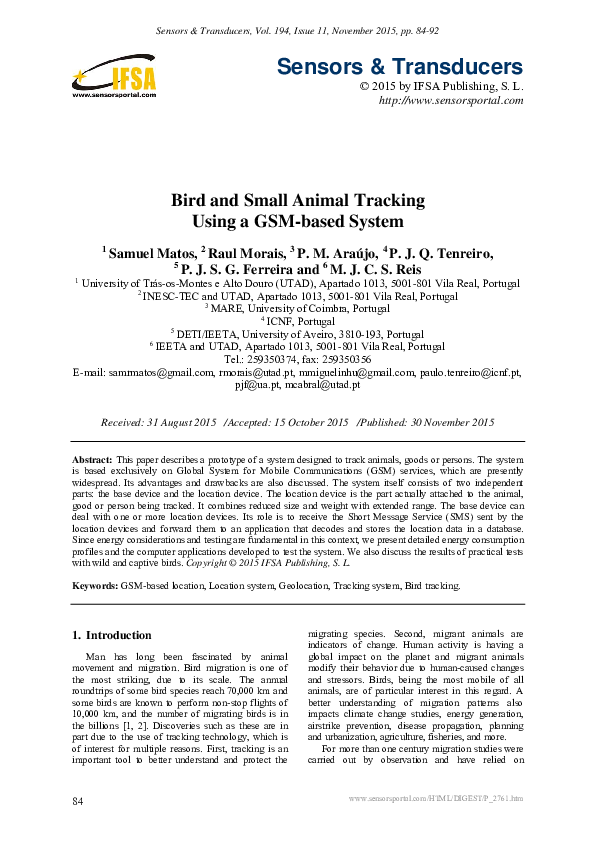 (PDF) Bird and Small Animal Tracking Using a GSM-based System