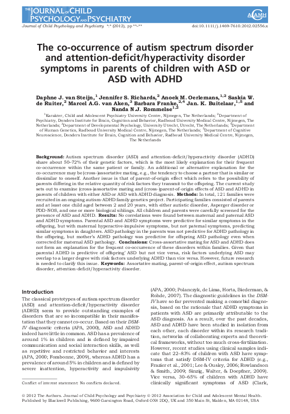 (PDF) The co-occurrence of autism spectrum disorder and attention-deficit/hyperactivity disorder ...