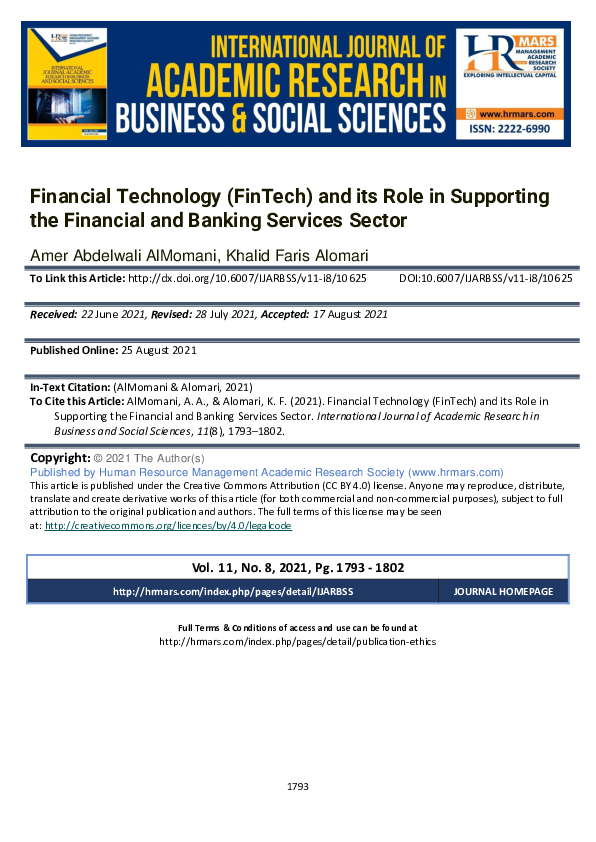 (PDF) Financial Technology (FinTech) and its Role in Supporting the ...