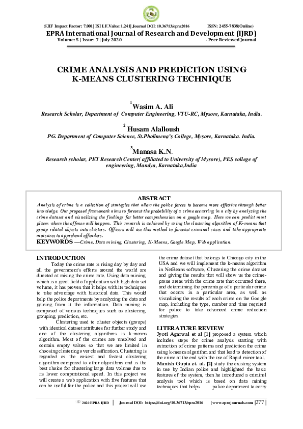 (PDF) CRIME ANALYSIS AND PREDICTION USING K-MEANS CLUSTERING TECHNIQUE