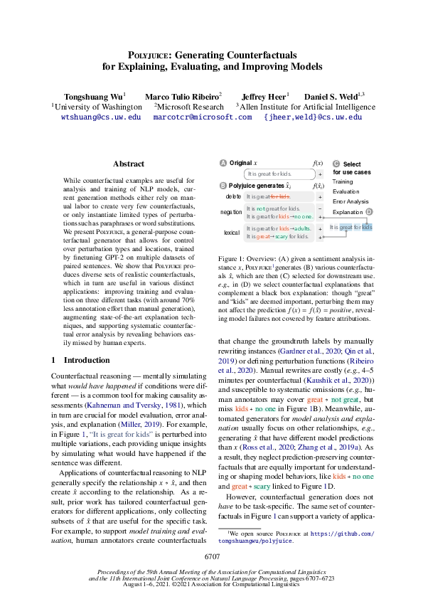 (PDF) Polyjuice: Generating Counterfactuals for Explaining, Evaluating, and Improving Models
