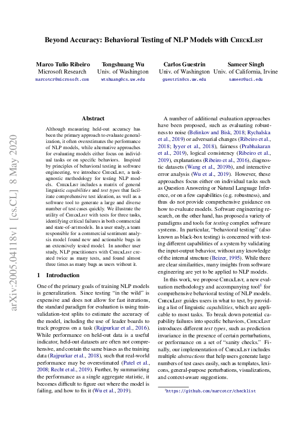 Pdf Beyond Accuracy Behavioral Testing Of Nlp Models With Checklist