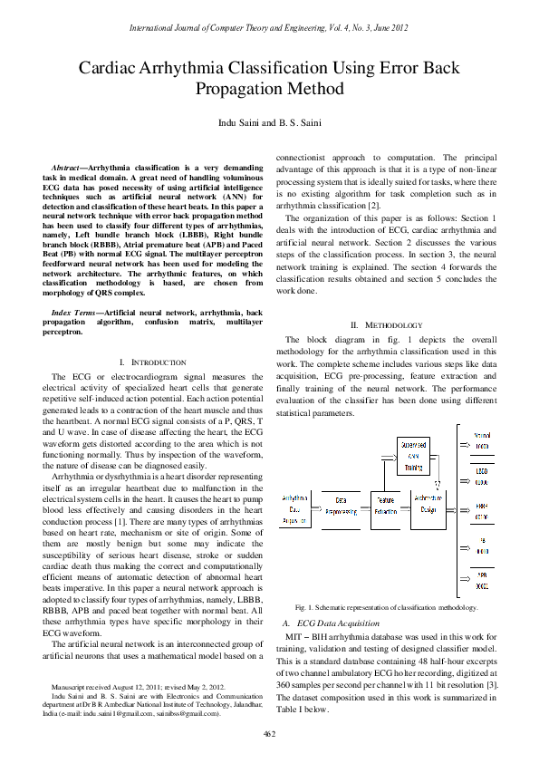 (PDF) Cardiac Arrhythmia Classification Using Error Back Propagation Method (PDF) Cardiac Arrhythmia Classification Using Error Back Propagation Method