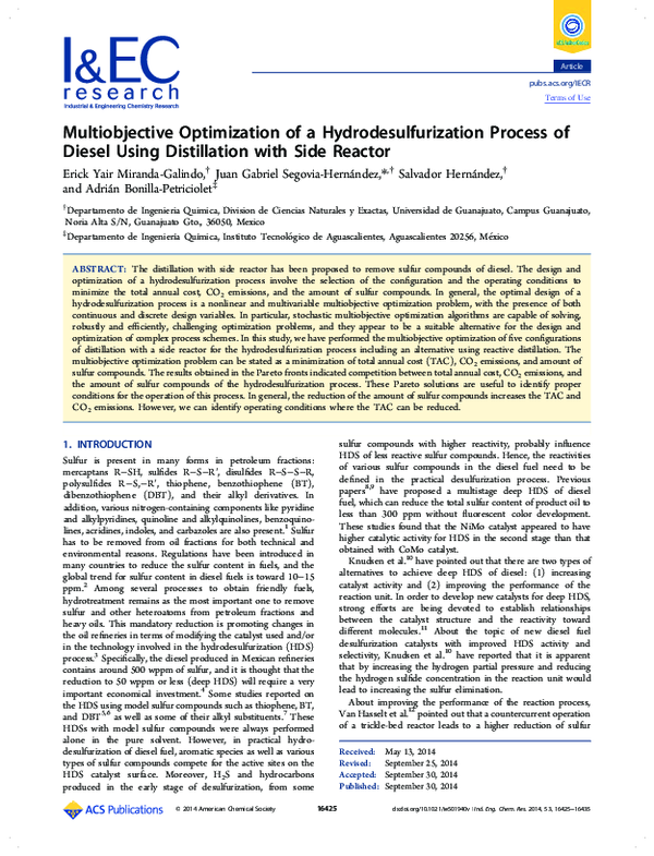 (PDF) Multiobjective Optimization of a Hydrodesulfurization Process of Diesel Using Distillation ...