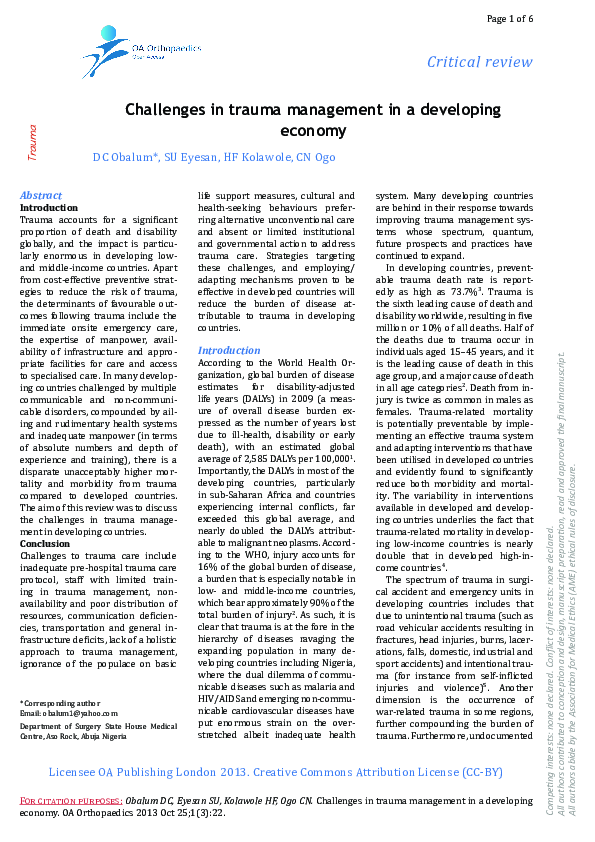 (PDF) Challenges in trauma management in a developing economy