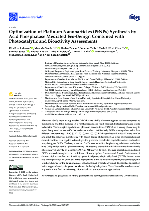 (PDF) Optimization of Platinum Nanoparticles (PtNPs) Synthesis by Acid ...