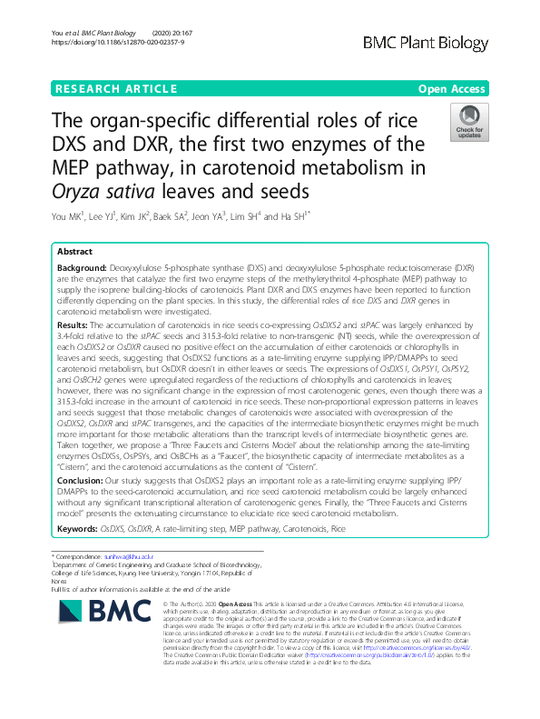 (PDF) The organ-specific differential roles of rice DXS and DXR, the first two enzymes of the ...