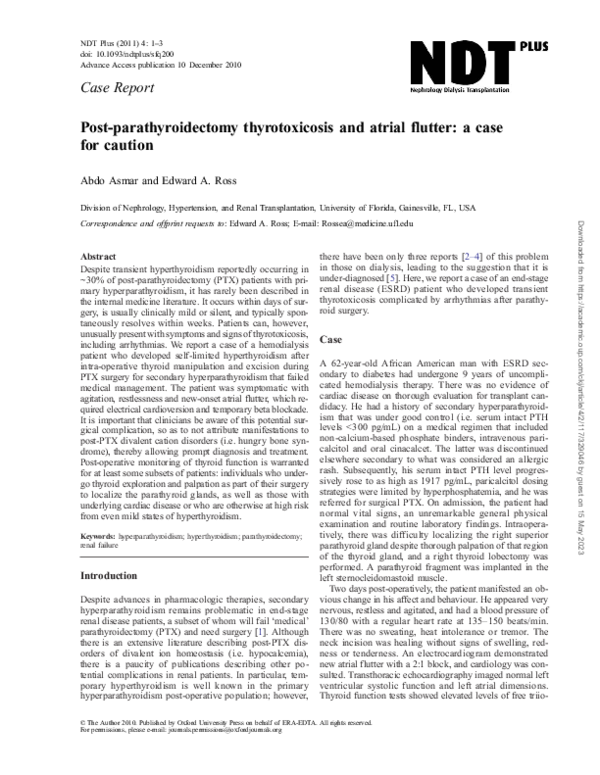 (PDF) Post-parathyroidectomy thyrotoxicosis and atrial flutter: a case ...