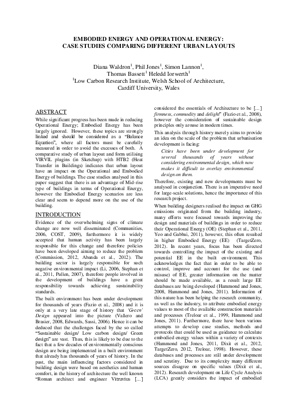 (PDF) Embodied Energy And Operational Energy: Case Studies Comparing Different Urban Layouts
