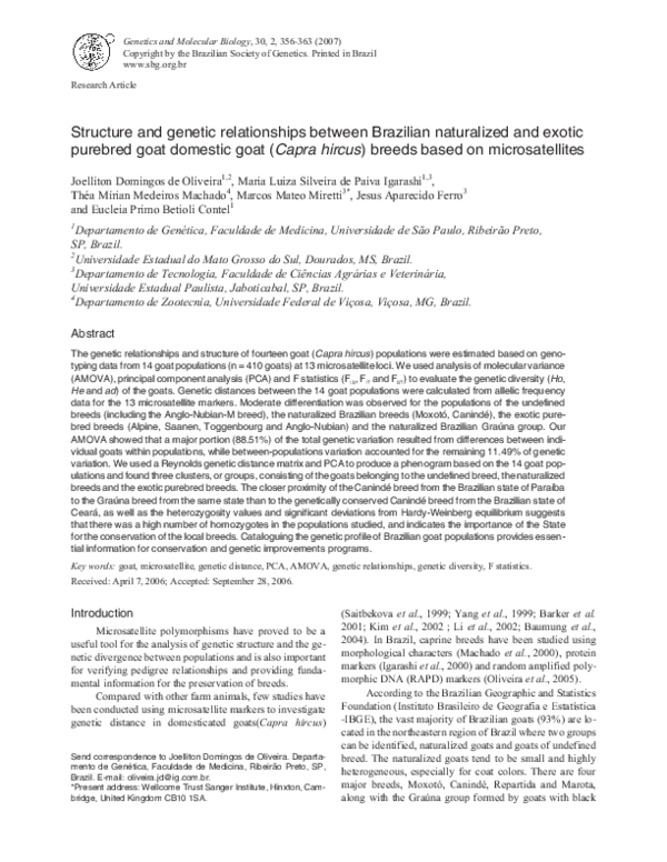 (PDF) Structure and genetic relationships between Brazilian naturalized and exotic purebred goat ...