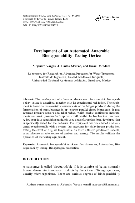 (PDF) Development of an Automated Anaerobic Biodegradability Testing Device