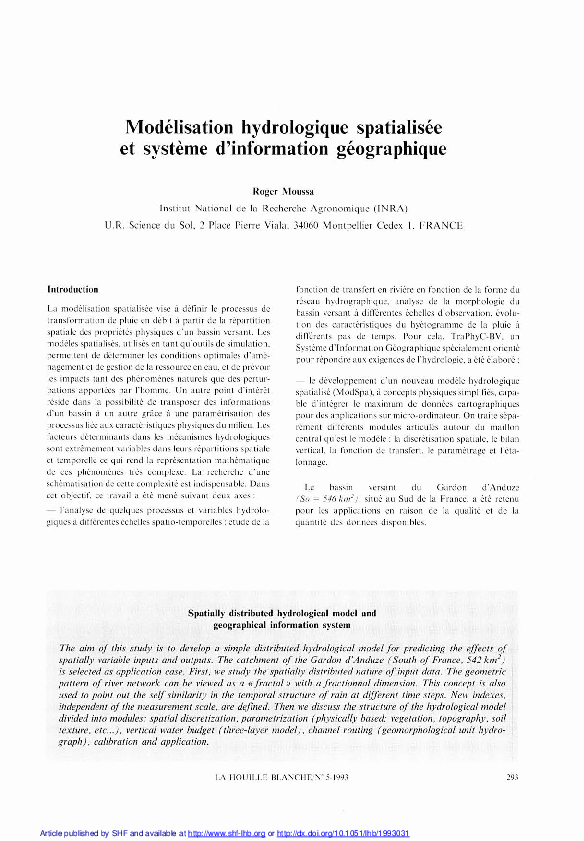 (PDF) Modélisation hydrologique spatialisée et système d'information géographique
