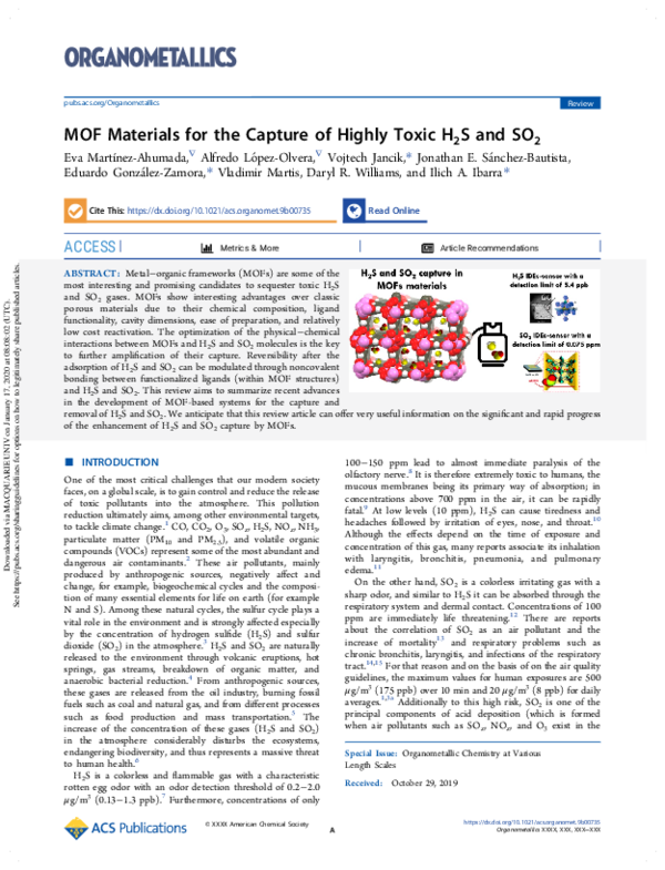 (PDF) MOF Materials for the Capture of Highly Toxic H2S and SO2