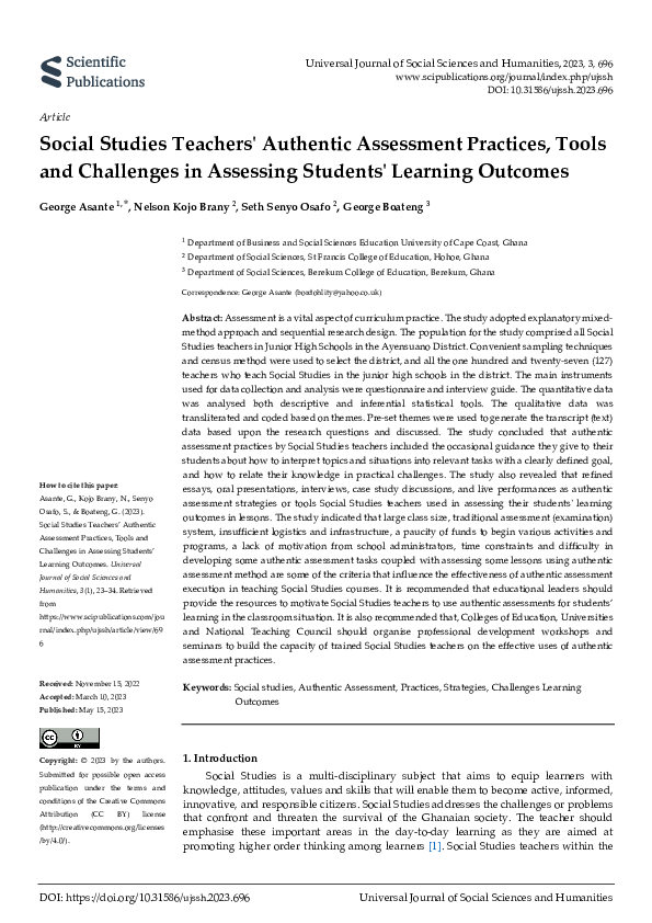 (PDF) Social Studies Teachers' Authentic Assessment Practices, Tools and Challenges in Assessing ...