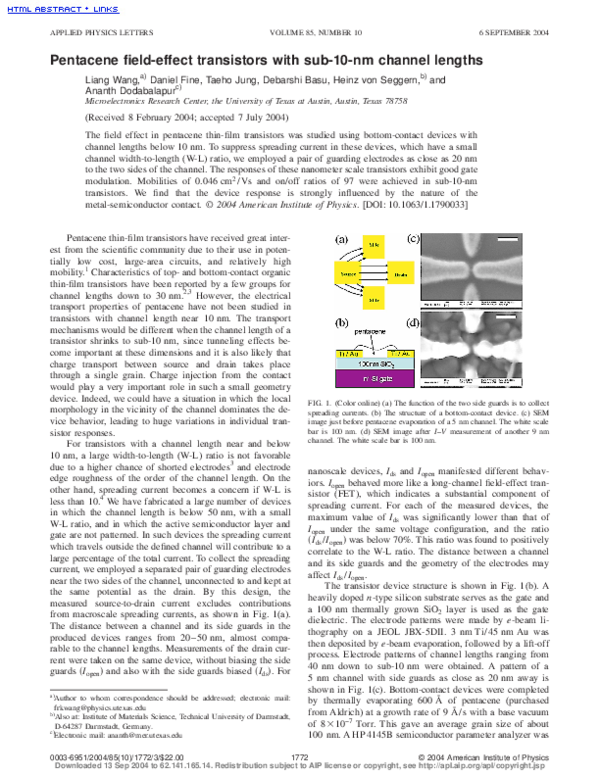 (PDF) Pentacene field-effect transistors with sub-10-nm channel lengths