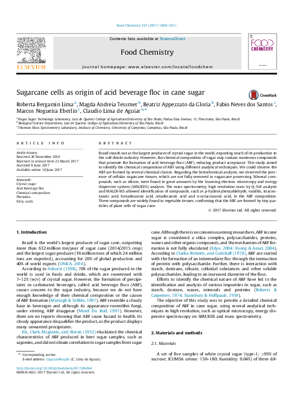 (PDF) Sugarcane cells as origin of acid beverage floc in cane sugar