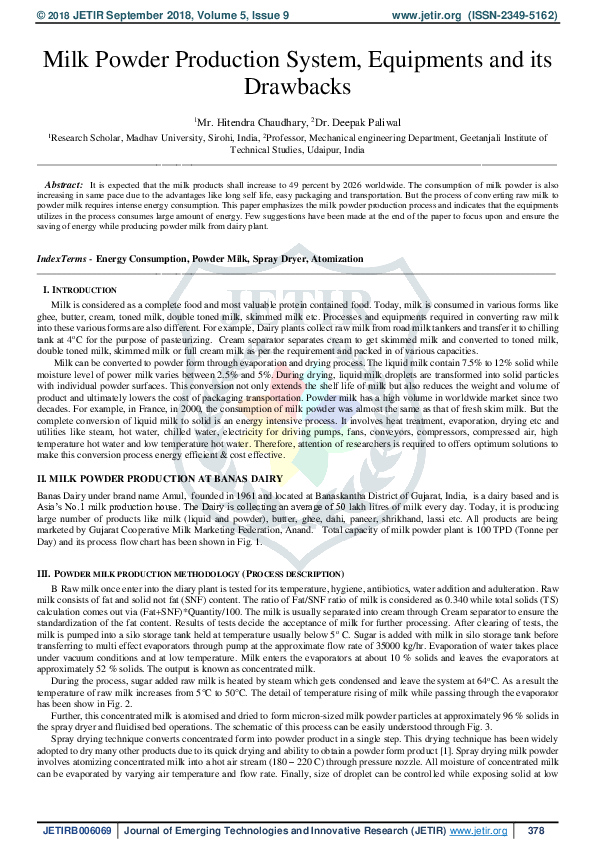 (PDF) Milk Powder Production System, Equipments and its Drawbacks