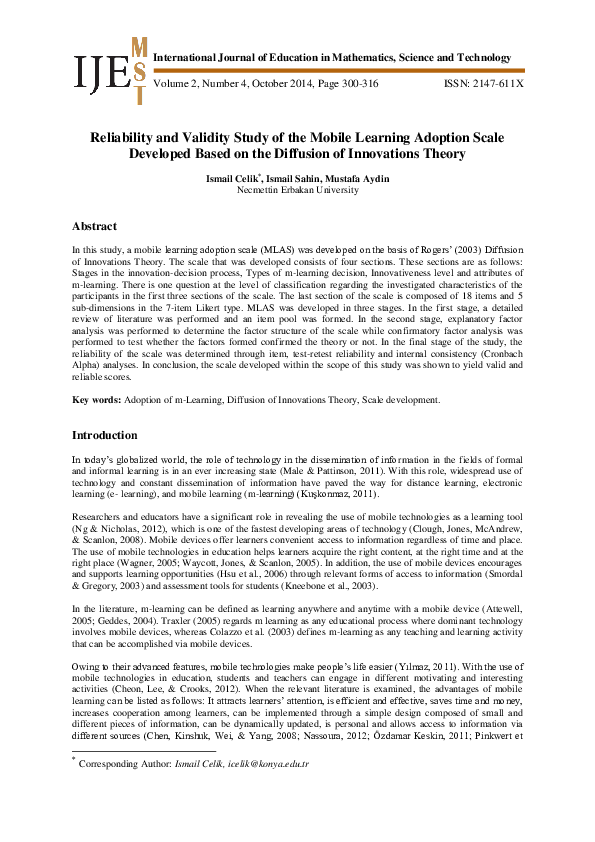(PDF) Reliability and Validity Study of the Mobile Learning Adoption ...