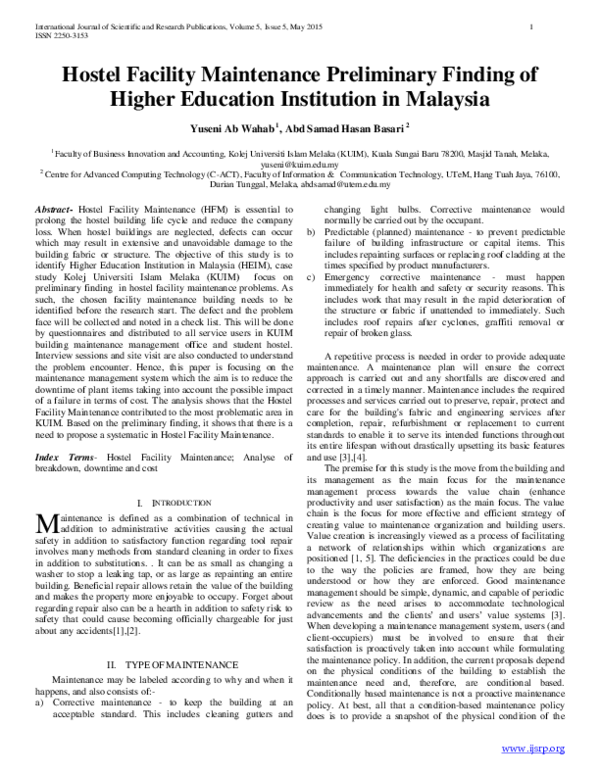 (PDF) Hostel Facility Maintenance Preliminary Finding of Higher ...